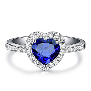 MADEONE 18K white Gold Plating Blue Sapphire Heart love Halo rings Gemstone Excellent Cut Cubic Zirconia CZ Jewelry Promise Wedding Engagement Ring for Women with Box Packing Size 5-9 (6)