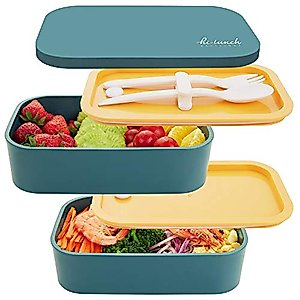 Bento Lunch Box - All-in-One Stackable Japanese Bento Box - Leakproof Eco-Friendly Meal Prep Containers for Men Women, Microwave and Dishwasher Safe,Easy Wash (Blue)