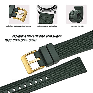 BISONSTRAP 20mm Watch Bands for Men, High Performance Fluororubber Rubber Watch Strap with Quick Release, (Dark Green, Gold Buckle)