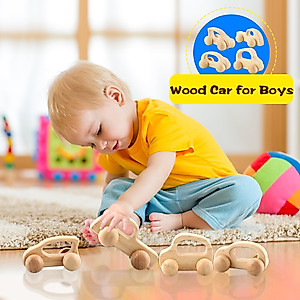 Fahacop 4 Pack Wooden Toy Cars Mini Push Wood Truck Car Natural Wood Toys for Baby Toddler Birthday Gifts Nursery Decoration, 4 Styles