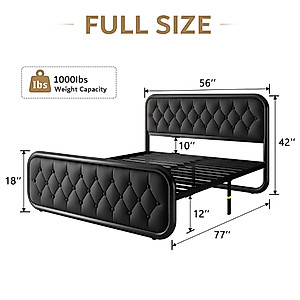 iPormis Full Size Metal Bed Frame with Leather Headboard, Heavy-Duty Platform Bed Frame, Thicker Metal Steel Slats Support, 12'' Under-Bed Space, Noise-Free, Easy Assembly, Black