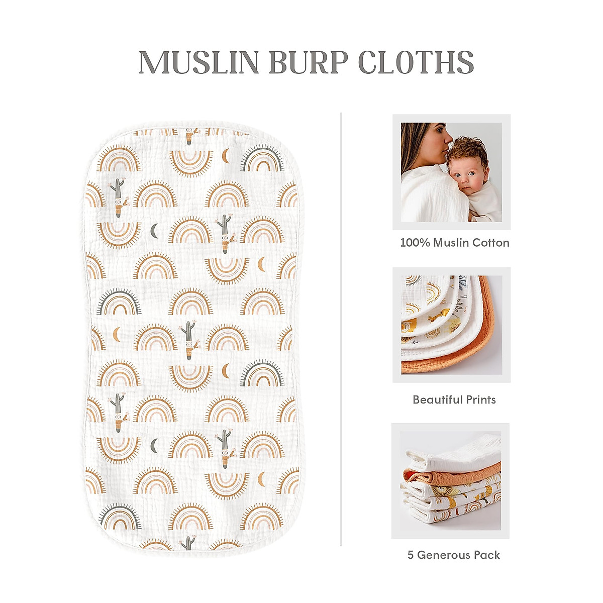 MairMore 5 Pack Muslin Baby Burp Cloths- Neutral Muslin Burping Cloths for Baby Boys Girls and Newborn Towel, Unisex- Large Absorbent Burp Cloths-20 x10 Inches