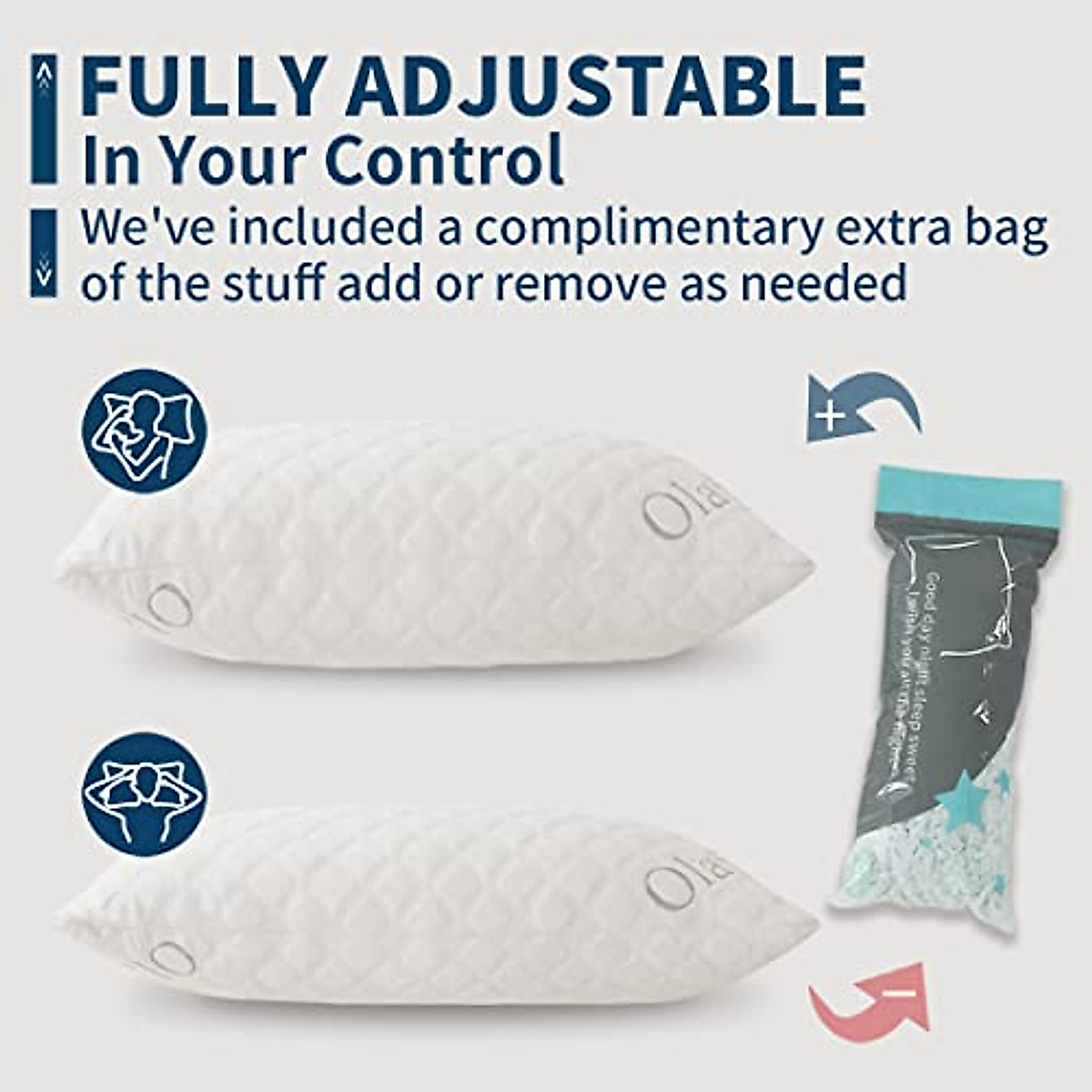 Olaftin Shredded Memory Foam Pillows 2 Pack Queen Size Cooling Support Bed Pillows for Sleeping Adjustable Pillow