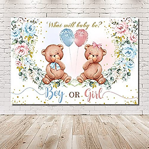 MEHOFOND 7x5ft Bear Gender Reveal Baby Shower Party Backdrop Boy or Girl Blush Pink Blue Floral Photography Background Party Decor Blue and Pink Balloons Gold Confetti Photobooth