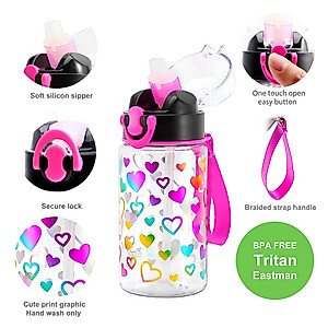 Cute Water Bottle with Straw for Kids Girls Boys, BPA Free Tritan & Leak Proof Flip Top & Soft Silicone Sipper & Easy Clean, 15oz / 450ml (Heart)