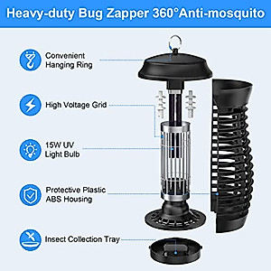Kaocomo Bug Zapper for Outdoor - 15W High Powered Waterproof Electric Mosquitoes Zapper Killer, Insect & Fly Trap, Light Bulb Lamp