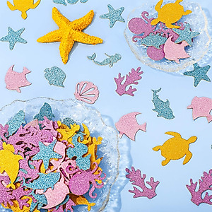 Whaline 300Pcs Sea Theme Confetti Sea Animal Table Confetti Glitter Starfish Turtle Dolphin Seagrass Table Decorations for Birthday Party Scatter Beach Theme Party Wedding Decorations DIY Crafts