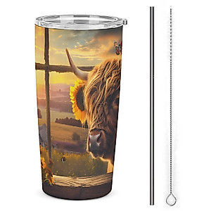 Highland Cow From Window Sunflower Sunset 20 Oz Tumbler with Straw Lid Insulated Travel Coffee Mug Large Capacity Car Cup