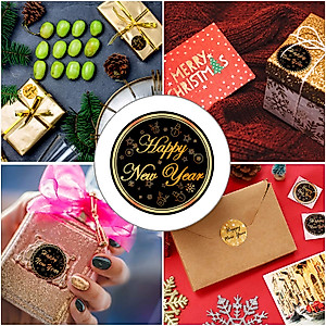 800 Pcs 2025 Happy New Year Stickers Round Black and Gold Stickers Bulk 1.38 Inch Snowflake New Year Labels Decorative Stickers for New Year Holiday Cards Envelopes Gift Boxes, 8 Designs