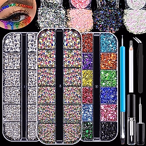 4320pcs Face Gems for Makeup with Glue, 2-5mm Colorful Beads & 2.4-6mm Round Glass Crystal AB & Clear Gems & 4 Colors Cosmetic Chunky Glitter with Dotting Tools, Eye Jewels for Body Make-up, Nail Art