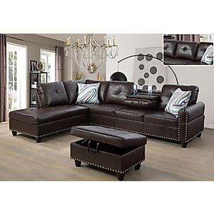 VURAX 3-Piece Faux Leather Sectional Sofas with Left Chaise Longue and Storage Ottoman, Button Tufted Upholstered Couch Set, for Living Room, Home, Office, 97inch, Dark Brown 1