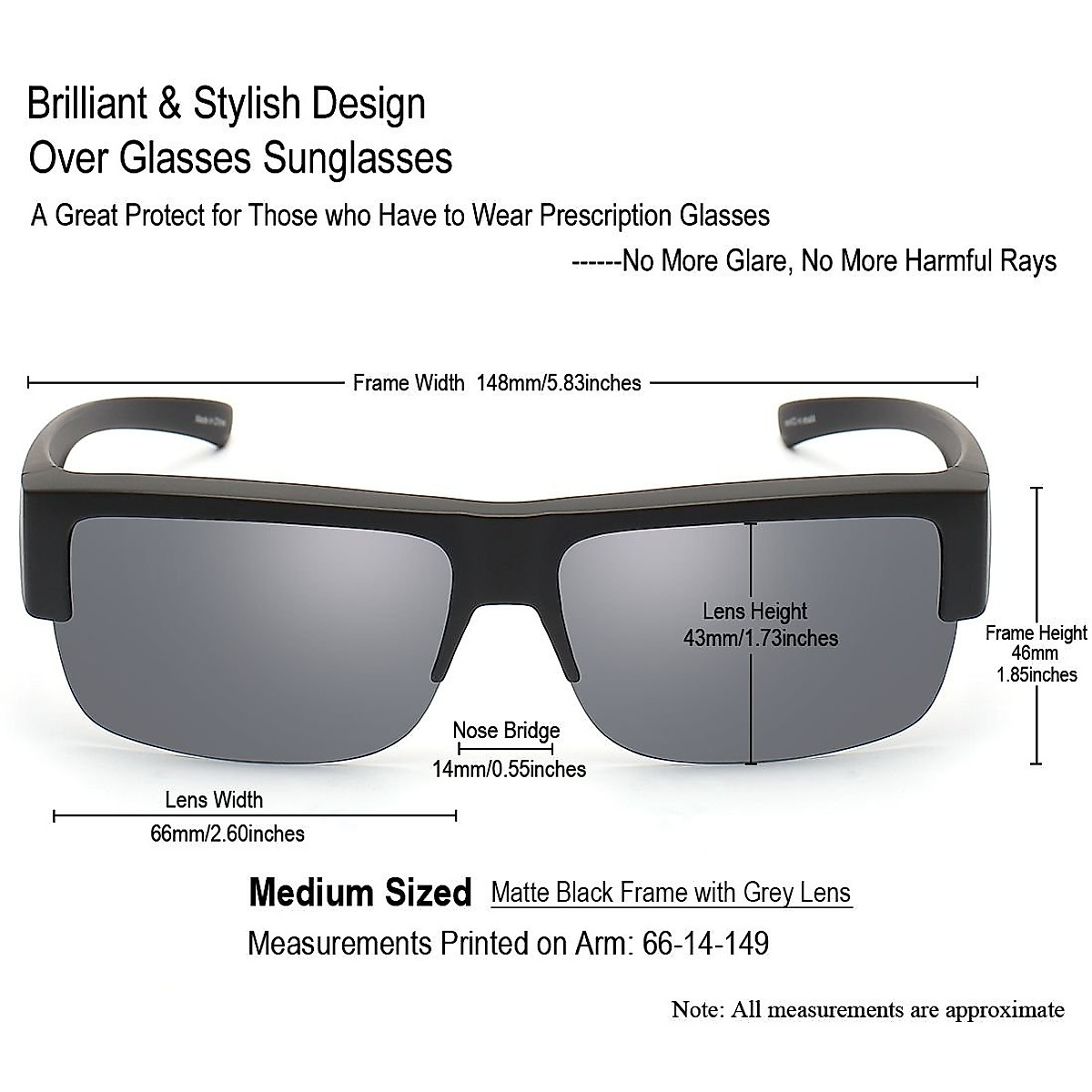 CAXMAN Wear Over Glasses Sunglasses Polarized Lens for Prescription Glasses, Medium Sized Half Frame, Matte Black Frame Black Lens