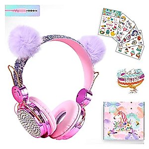 SVYHUOK Girls Pink Unicorn Wired Headphones,Cute Cat Ear Kids Game Headset for Boys Teens Tablet Laptop PC,Over Ear Children Headset withMic,for School Birthday Xmas Gifts
