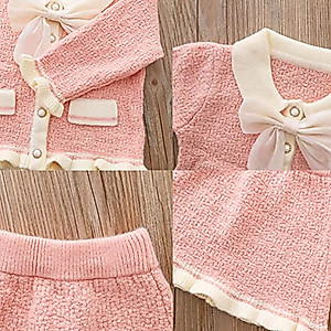 Toddler Baby Girls Fall Winter Outfit Long Sleeve Knitted Buttons Sweater Tops Mini Skirt Birthday Princess Cardigans Bowknot Ruffle Knit Autumn Spring Winter Clothes Set Pink-Bowknot 12-18 Months