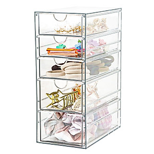 Plastic Drawer Storage with 5 Different Sizes Drawers, Clear Light Gray Hair Accessories Organizer, Transparent Bathroom Organizer, Clear Organizer Drawers, Dresser Organizer