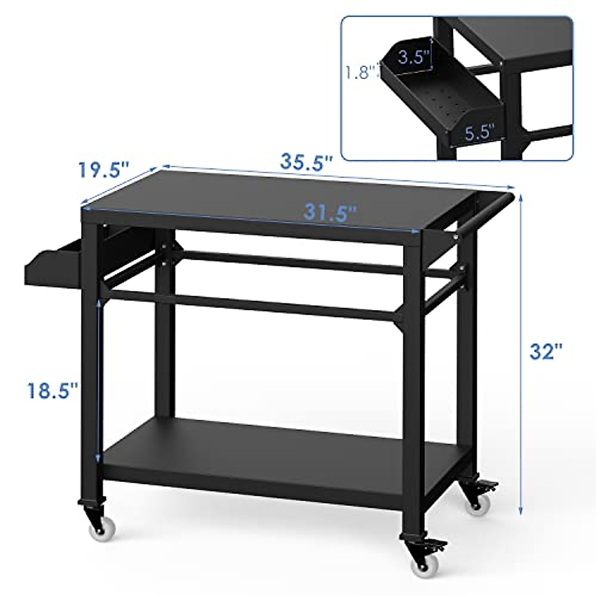 Xilingol Outdoor Grill Cart Pizza Oven Stand, BBQ Prep Table with Wheels & Seasoning Tray, Black Kitchen Tabletop Griddle Cooking Island & Station for Bar, Patio, Camping, Outside, Home