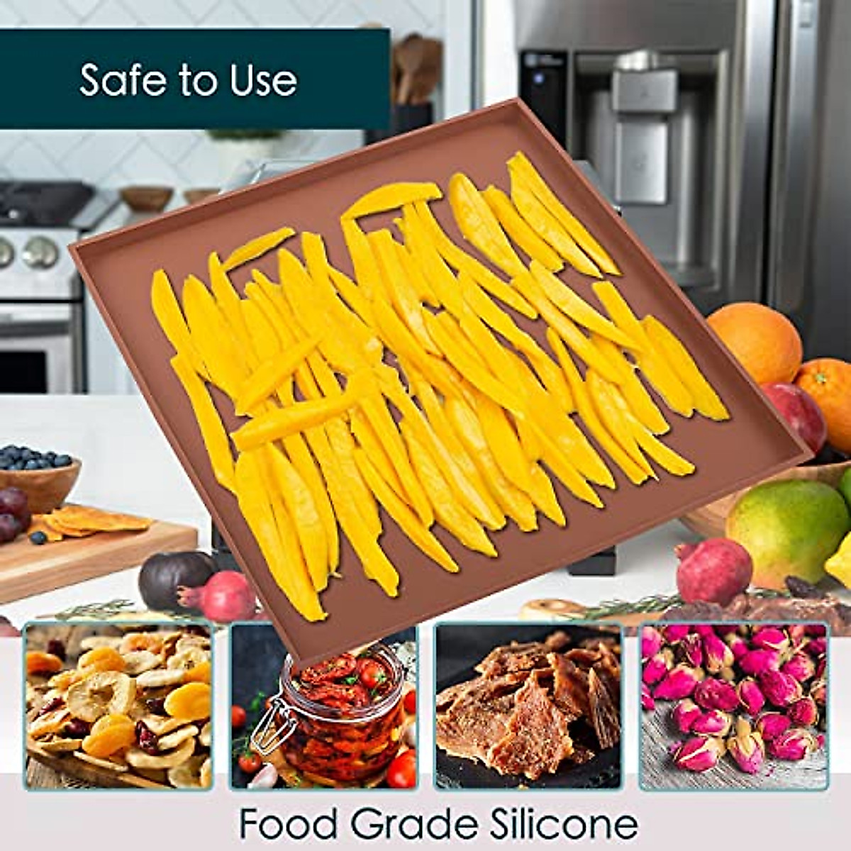 6PCS Silicone Dehydrator Mats with Edge NonStick Square Dehydrator Trays for Cosori CP267-FD,High Temperature Resistance Reusable for Meat Vegetables Fruit Food