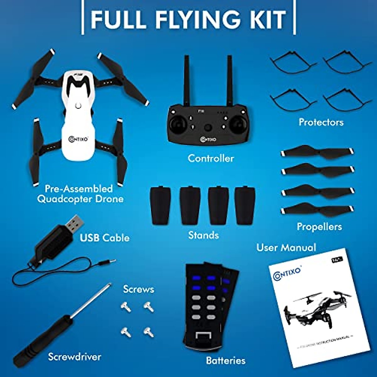 Contixo F16 FPV Drone with Camera for Kids - 2.4G RC Quadcopter Drones for Kids and Beginners with 6-Axis Gyro, 1080P HD Camera, Follow Me Mode, Gesture Control, Headless Mode, WiFi, 2 Batteries