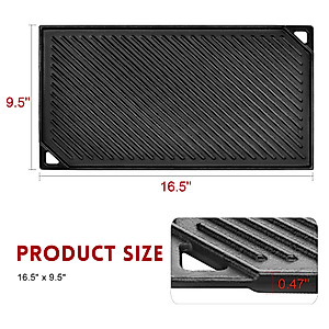 GGC Cast Iron Griddle, Reversible Flat Top Griddle for Gas Grills, Stove Tops, and Outdoor Cooking, 16.5 x 9.5 Baking Flat and Ribbed Griddle Plate for Family Cooking
