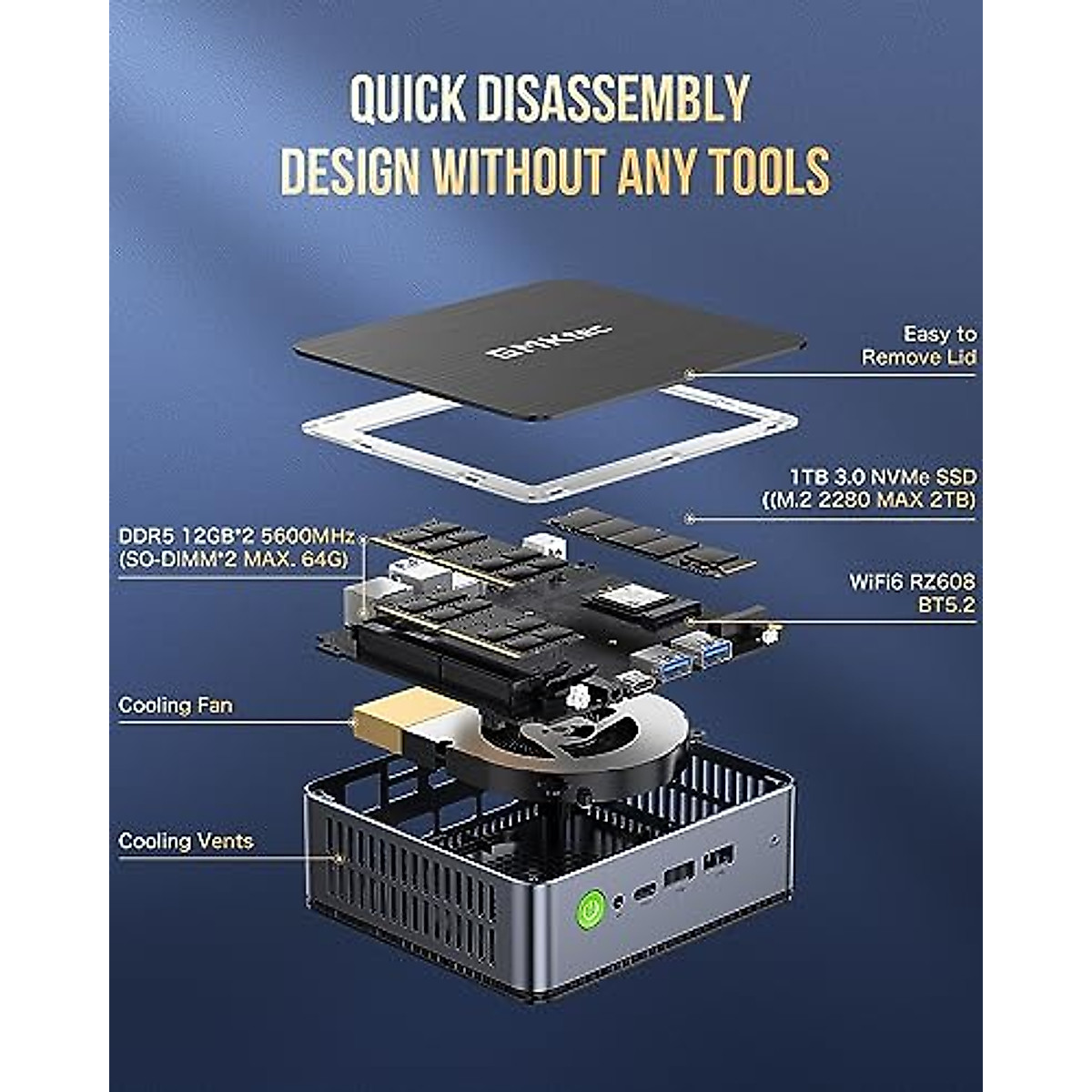 GMKtec Mini PC Intel Core i7 12650H (4.7GHz) Business Office Mini Computers Desktop Preinstalled Windows 11 Pro 24GB DDR5 Dual Channel 1TB Hard Drive SSD 4K, USB 4.0, WiFi 6, BT 5.2, Ethernet RJ45 LAN