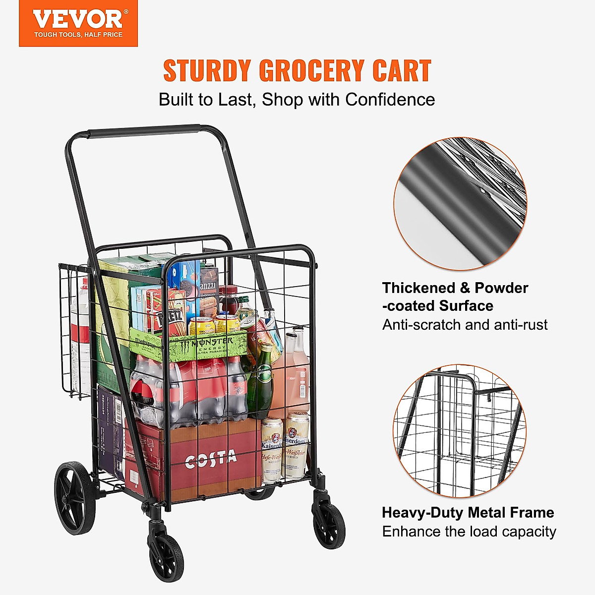 VEVOR Folding Shopping Cart, Jumbo Grocery Cart with Double Baskets, 360° Swivel Wheels, Heavy Duty Utility Cart, 110 LBS Large Capacity Utility Cart for Laundry, Shopping, Grocery, Luggage, Black