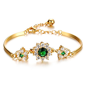 L & J 18k Yellow Gold Sparkling Green Rhinestone Halo Diamond Cut AAA CZ Flower Bangle Bracelet for Women