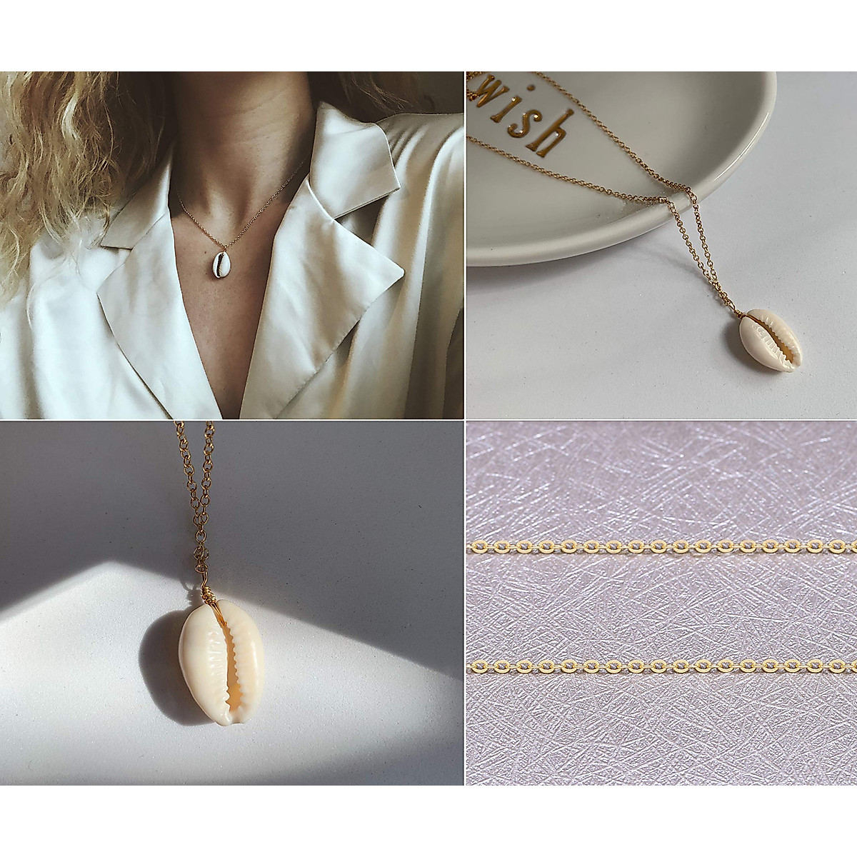 POTESSA Natural Cowrie Shell Pendant Choker Necklace Adjustable 18K Gold Plated Cable Chain Handmade Jewelry for Women