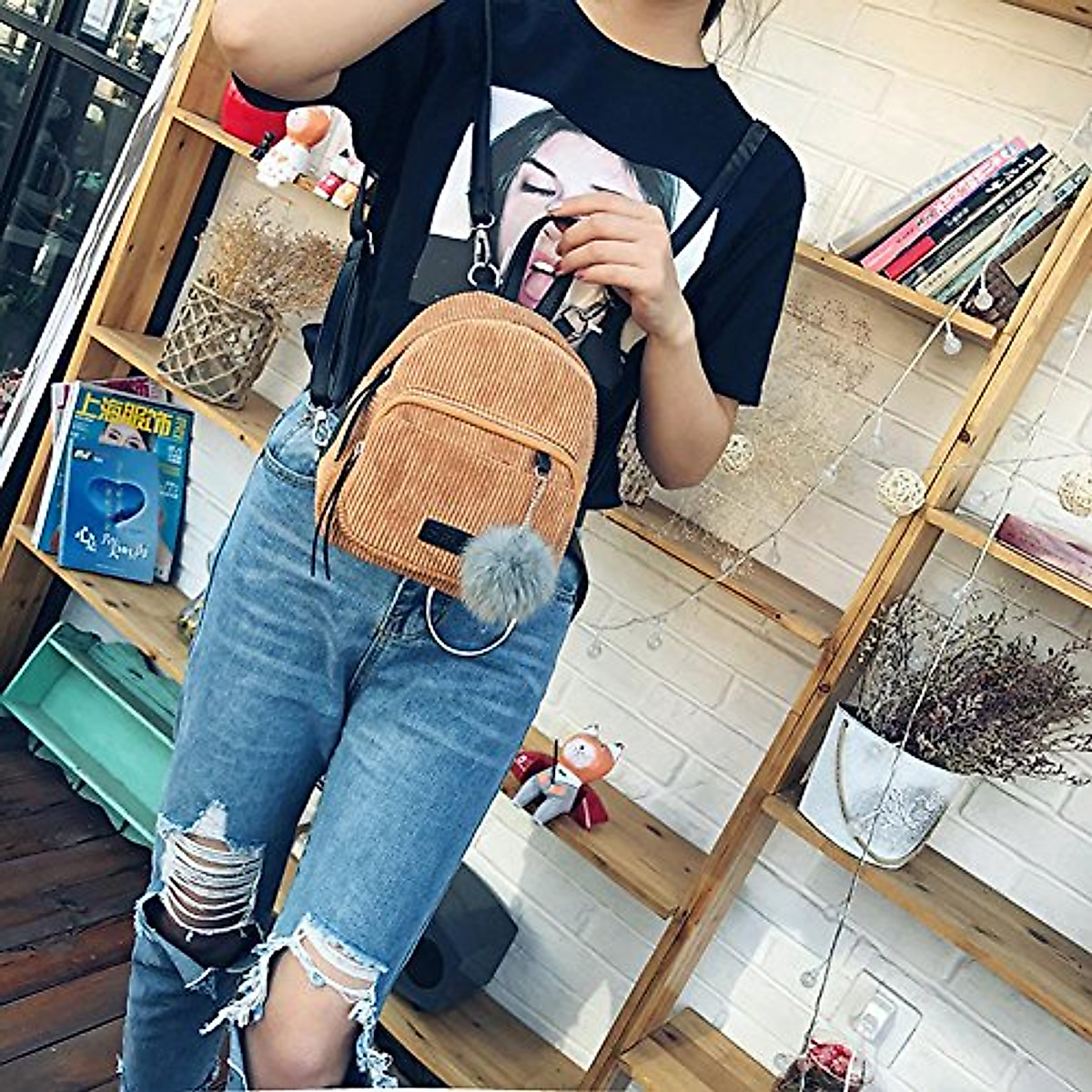 sikiwind Girl Mini Backpack Women Ball Winter Velvet Shoulder Bag(Khaki)