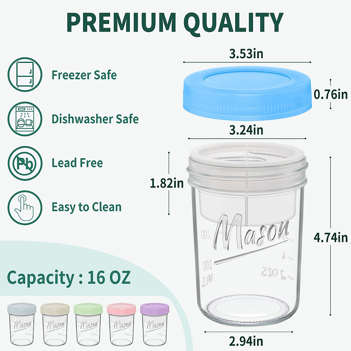 Xyptorix 16 oz Overnight Oats Containers with Lids, 6-Pack Leak-Proof Wide Mouth Mason Jars & Separate Compartments for Fruits/Nuts, Airtight Glass Jars for Chia Pudding, Yogurt, Parfait and Salad