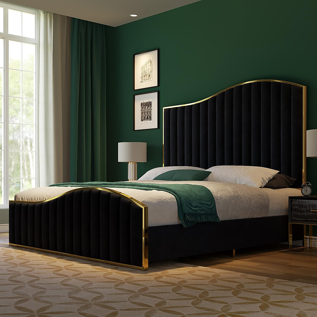 HOWE King Size Harp Bed Frame, Velvet Upholstered Platform Bed with 61.4" Vertical Channel Gold Trim Headboard & Footboard/Wooden Slats/No Box Spring Needed/Black