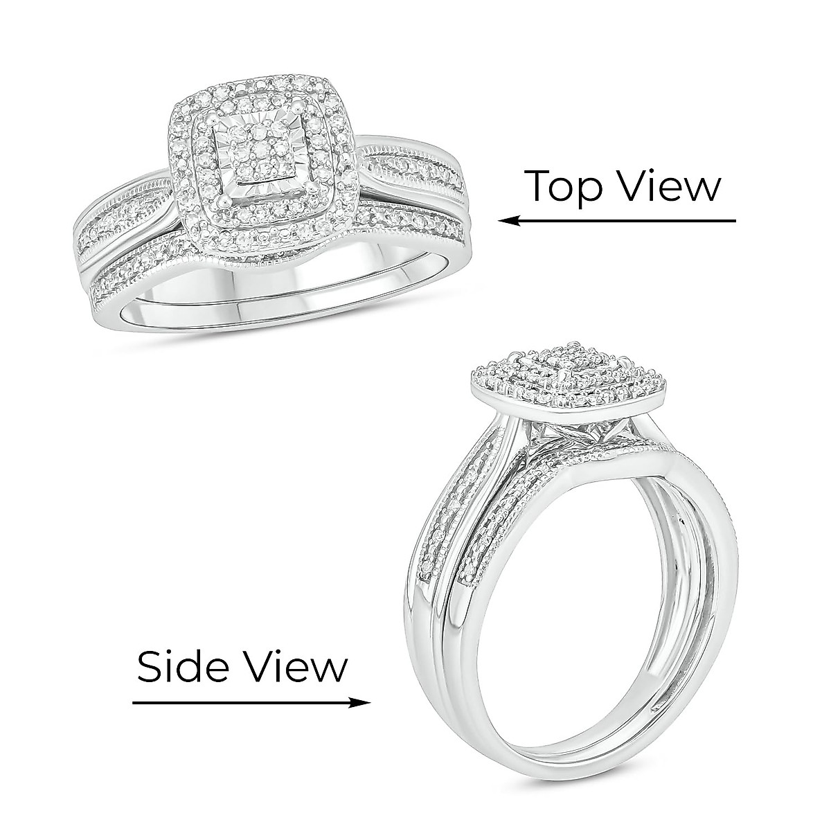 Cali Trove 1/5cttw Diamond Wedding Ring Set for Women in 925 Sterling Silver (Size-9) | Square Double Halo Diamond Engagement Ring for Women with Matching Half Eternity Diamond Wedding Band (White)