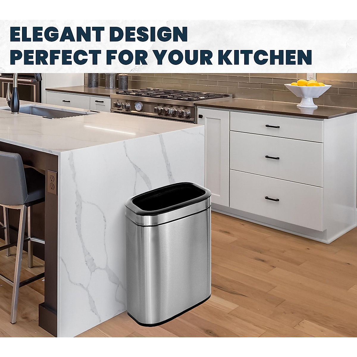 Alpine Industries 40 L / 10.5 Gal Stainless Steel Slim Open Trash Can - Compact Garbage Bin - Wide Access Top Slender Durable Receptacle with Sturdy Plastic Liner