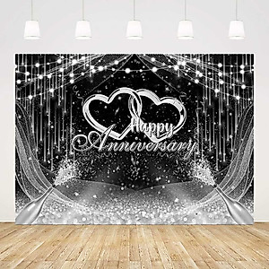 AIBIIN 7x5ft Black and Silver Happy Anniversary Backdrop Silver Glitter Wedding Anniversary Bridal Shower Photography Background Cheers to Wedding Miss to Mrs Party Decorations Banner