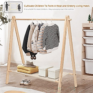Morimoe Garment Rack with Bottom Storage Shelf, Pine Wood, Dress up Rack for Kids, 35" Width