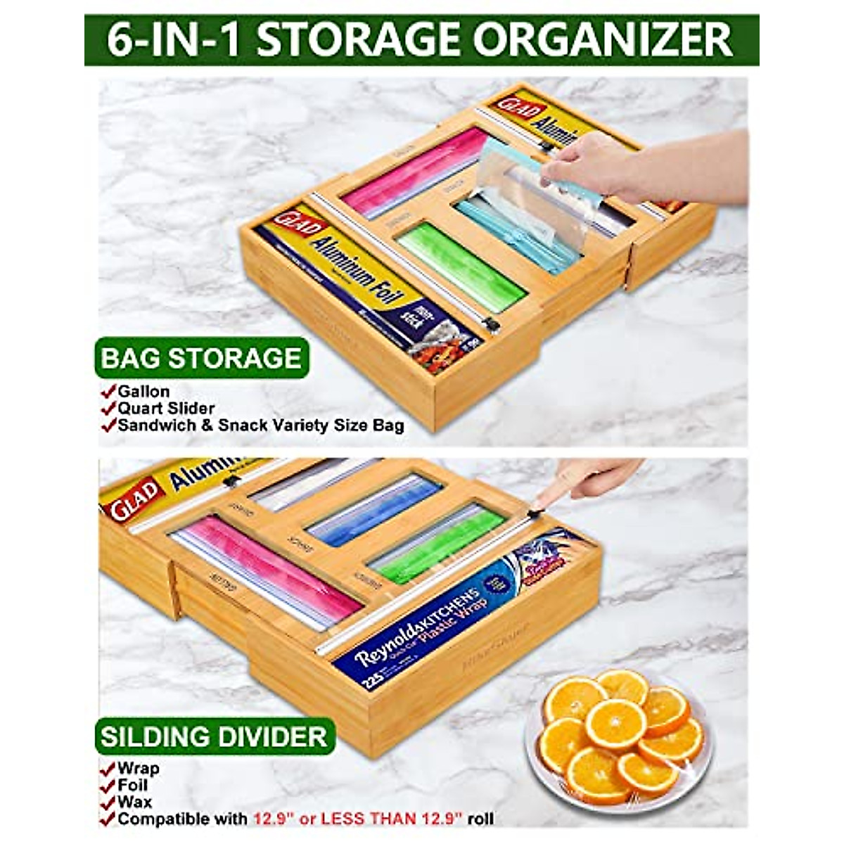 HikeSkyer Ziplock Bag Organizer, Plastic Wrap Dispenser with Cutter, 6-In-1 Expandable Kitchen Drawer Organizer, Compatible with Gallon, Quart, Sandwich, Snack Bag, Foil and Wax Paper