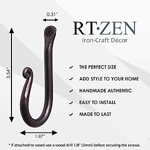 RTZEN Wall Mount J Hook - Wrought Iron Decorative Wall Hooks for Hanging Things - Handcrafted Classic Wall Mounted Black Coat Hooks - Farmhouse Towel Hooks Robe Hooks or Hat Hooks - 3 Pack