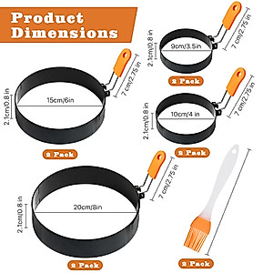 Akamino 10 Pcs Pancake Mold, 3.5,4,6,8 In Stainless Steel Egg Rings Set for Frying Eggs, Large Omelet Ring with Silicone Handle & 2 Pcs Oil Brush, Round Egg Maker for Griddle Muffins Breakfast