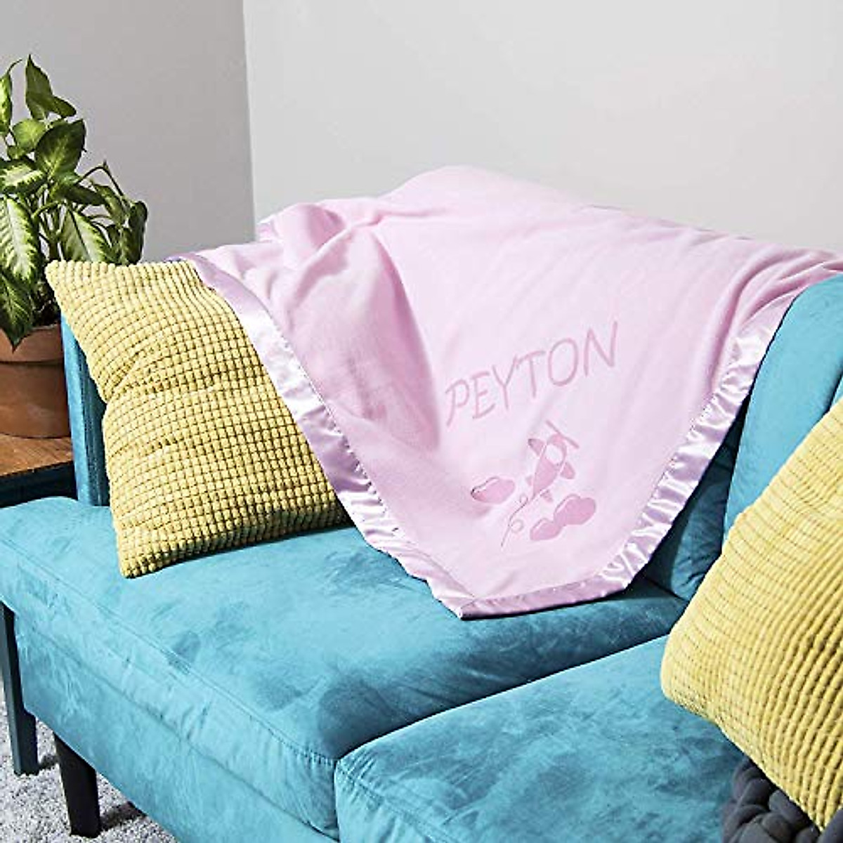 Custom Catch Personalized Airplane Baby Blanket - Boy Name Gift - Blue or Pink (1 Text LIne)