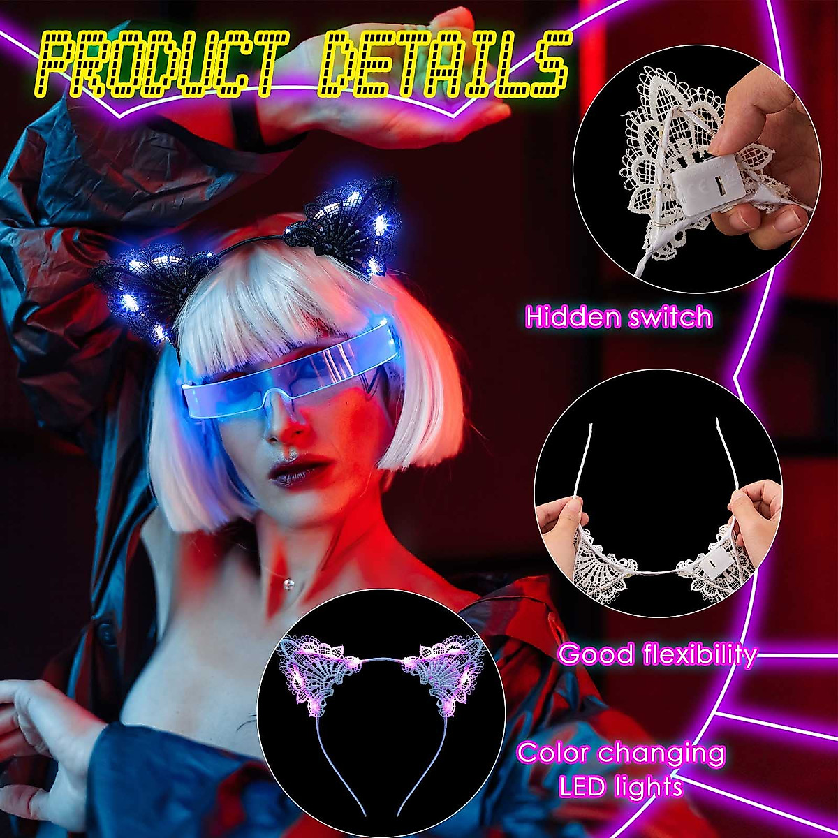Juexica LED Lace Cat Ears Headband - 4 Pcs Light Up Hair Accessories for Women, Girls, Christmas, Fancy Dress, Cosplay Party Favors