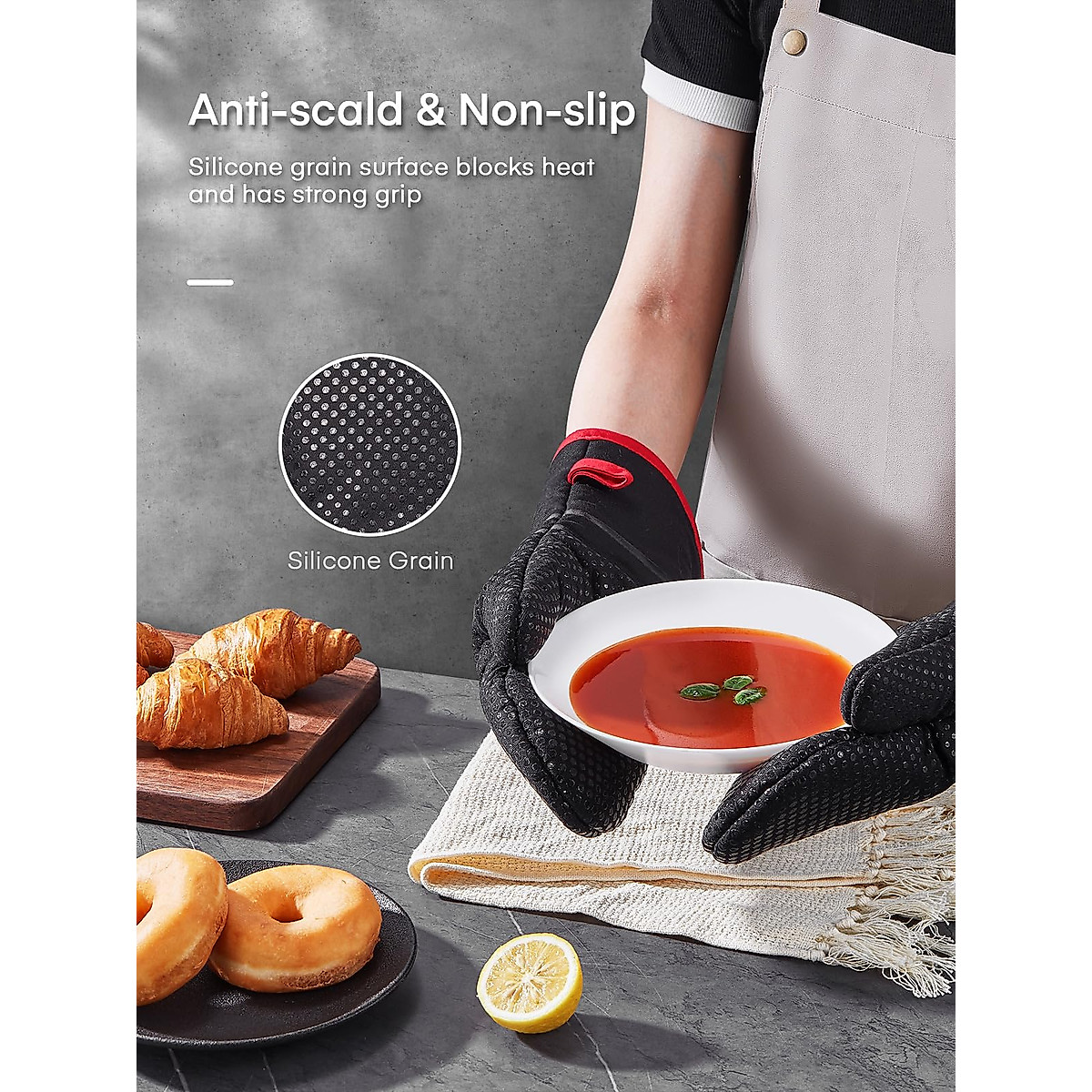 Oven Mitts, Heat Resistant Kitchen Oven Gloves 572°F, Non-Slip Silicone Surface, Extra Long Flexible Thick Mitts for Kitchen, Cooking, Baking, BBQ, Black