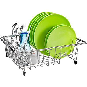 blitzlabs Expandable Dish Rack, Deep Large Dish Drying Rack with 4 Division Utensil Silverware Cutlery Holder, Dish Drainer Shelf Dish Rack in Sink On Counter, Rustproof Stainless Steel