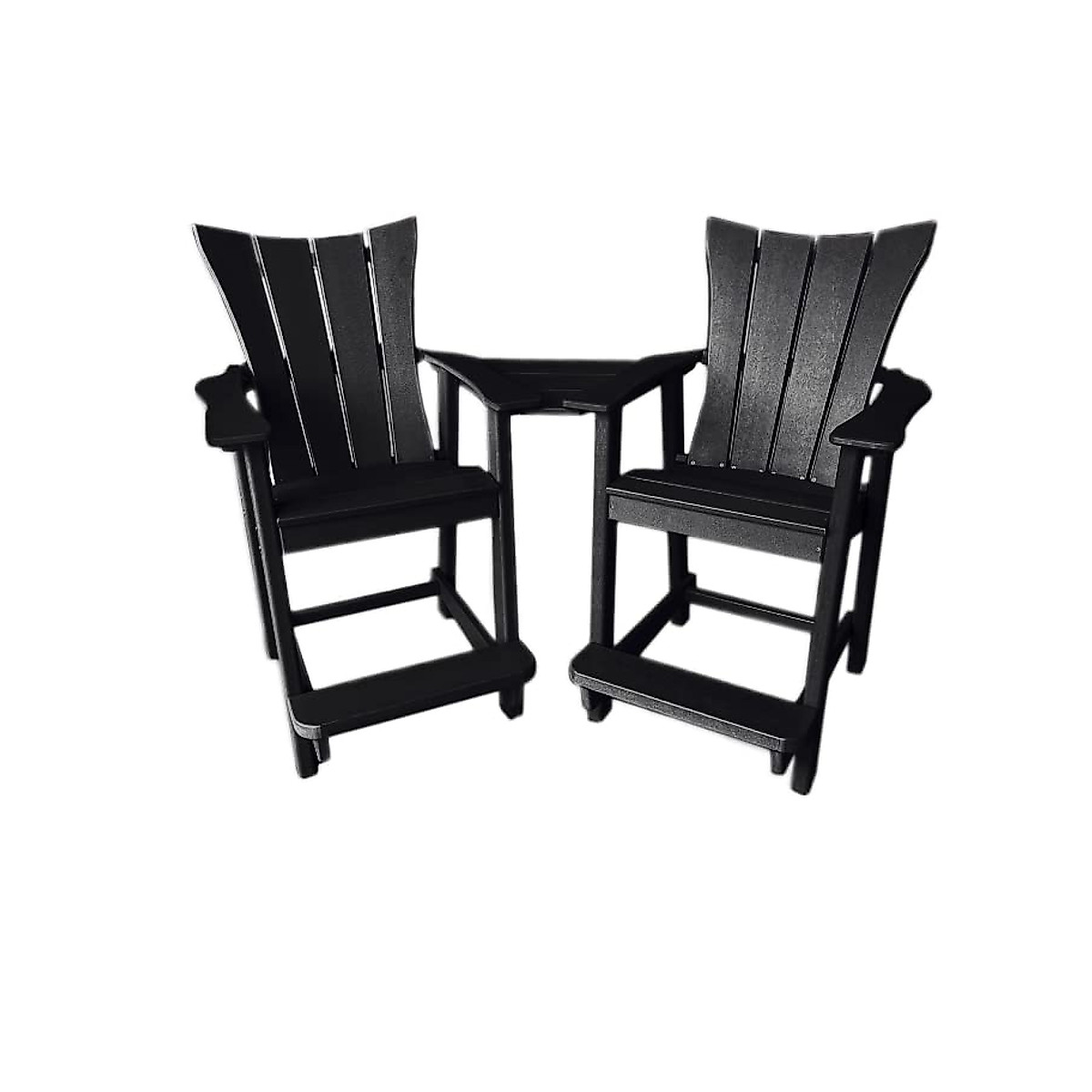 Phat Tommy Adirondack Double Set of 2 - Tall Bar Stool Chairs with Table - High Top, Counter Height Poly Furniture - Modern, Weather Resistant Balcony Chair for Pool, Patio, and Deck, Black