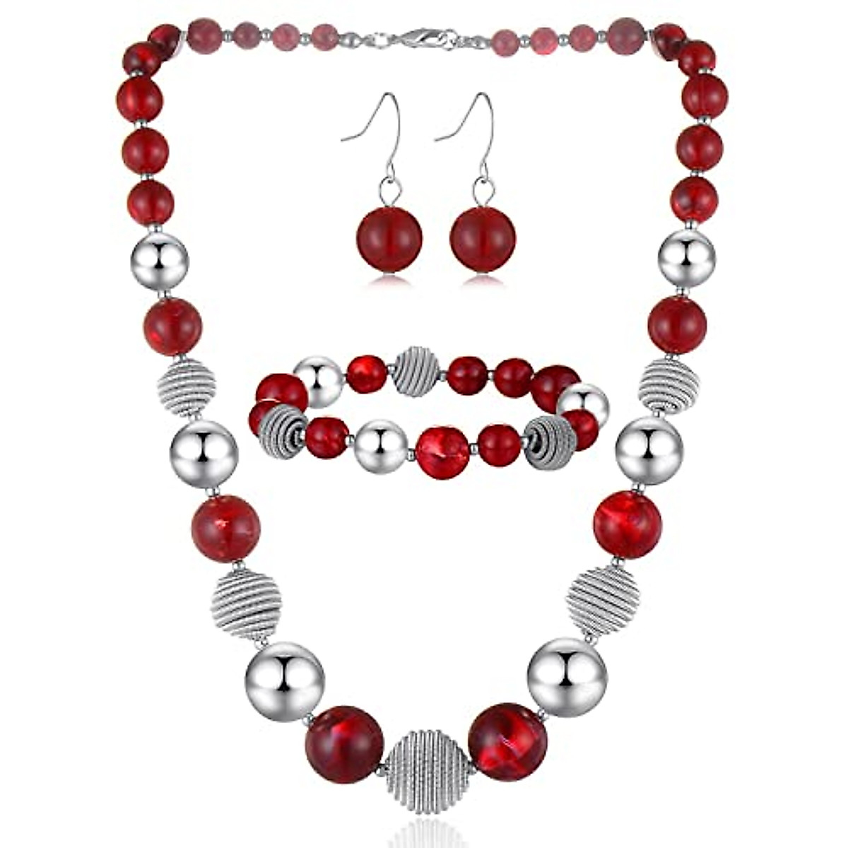 PEARL&CLUB Beaded Chunky Statement Necklace Earring and Bracelet Set Silver Metal Bead Fashion Jewelry Set Mothers’ Day Gifts for Women (Red)