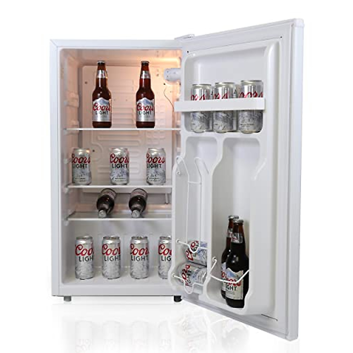 Coors Light Rocky Mountain 3.2 cu ft (90L) refrigerator Compact Fridge Bottle Opener White Space Saving Flat Back Design Reversible Door Adjustable Temperature Control Tempered Glass Shelves Office RV