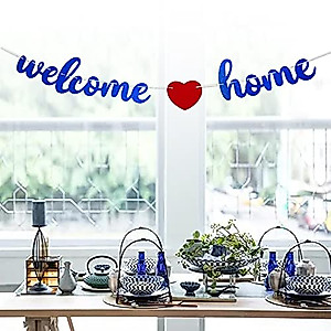 Welcome Home Banner Sign Party Decoration Blue Glitter Pre-Strung Banner for Military Army Homecoming Party Decorations, Family Theme Party Supplies