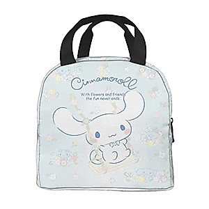 Blue Floral Anime Lunch Bag For Women Girl Insulated Portable Reusable Kawaii Tote Lunch Box With Compartments For Picnic Work School Travel