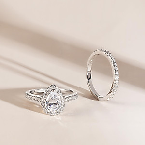 JALOKIVI 1.5CT 925 Sterling Silver Bridal Rings Sets for Women Pear Cut Halo Cubic Zirconia Engagement Ring Wedding Band Size 5