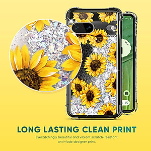 Miss Arts for Pixel 7 Case,Girls Women Flowing Liquid Holographic Holo Glitter Shock Proof Case with Floral Design Bling Diamond Bumper for Google Pixel 7 -Sunflower