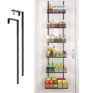 Over the Door Pantry Organizer - 6-Tier Mesh Basket Hanging & Wall Mounted Pantry Door Organizer, Over the Door Spice Rack with Adjustable Hooks for Kitchen, Bathroom, Bedroom, Storage Room (Black)