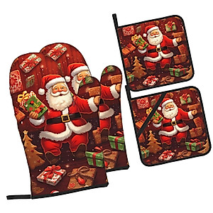 Oven Mitts and Pot Holders Set of 4 Happy Christmas Print Kitchen Oven Glove Fashion Heat Resistant Oven Gloves Set for BBQ Grill Baking Cooking Oven Microwave